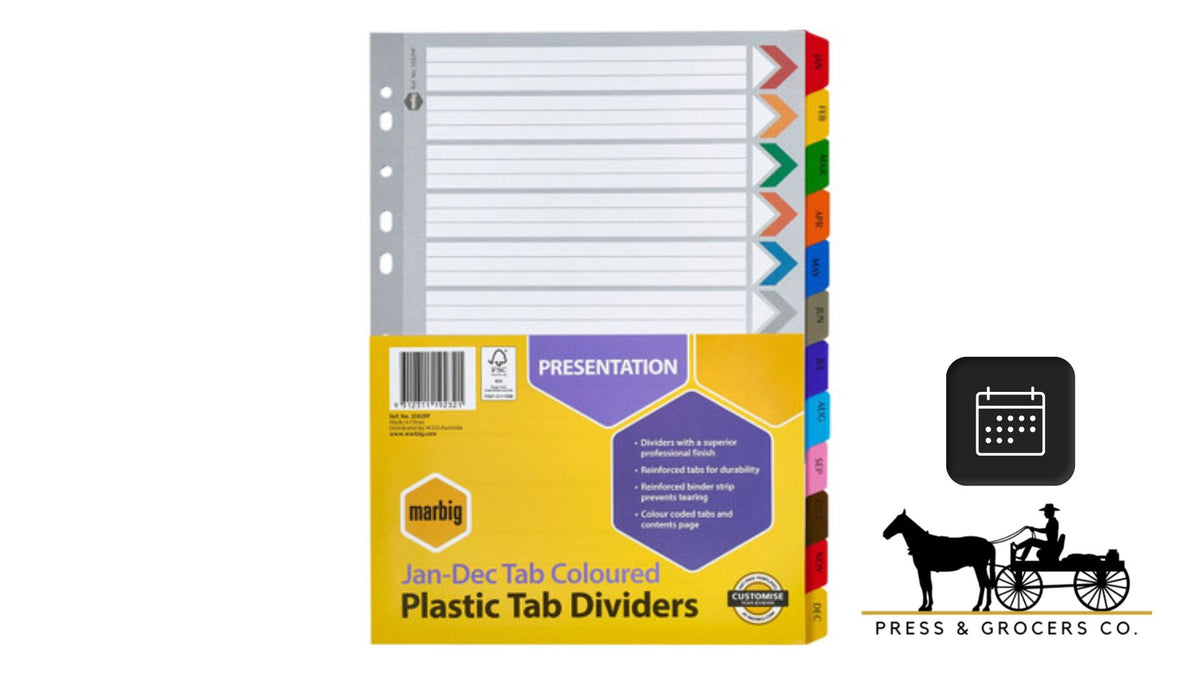 Marbig Jan-Dec Plastic Coloured Tab Dividers Ea – Press & Grocers Co.