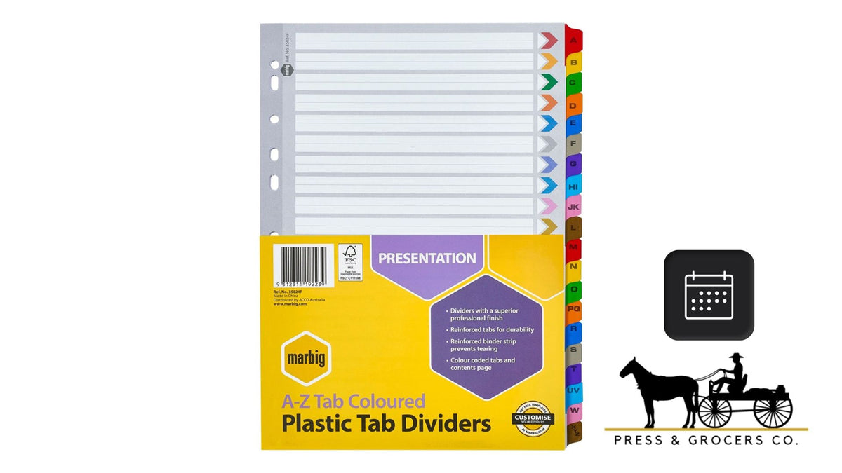 Marbig A-Z Plastic Coloured Tab Dividers Ea – Press & Grocers Co.